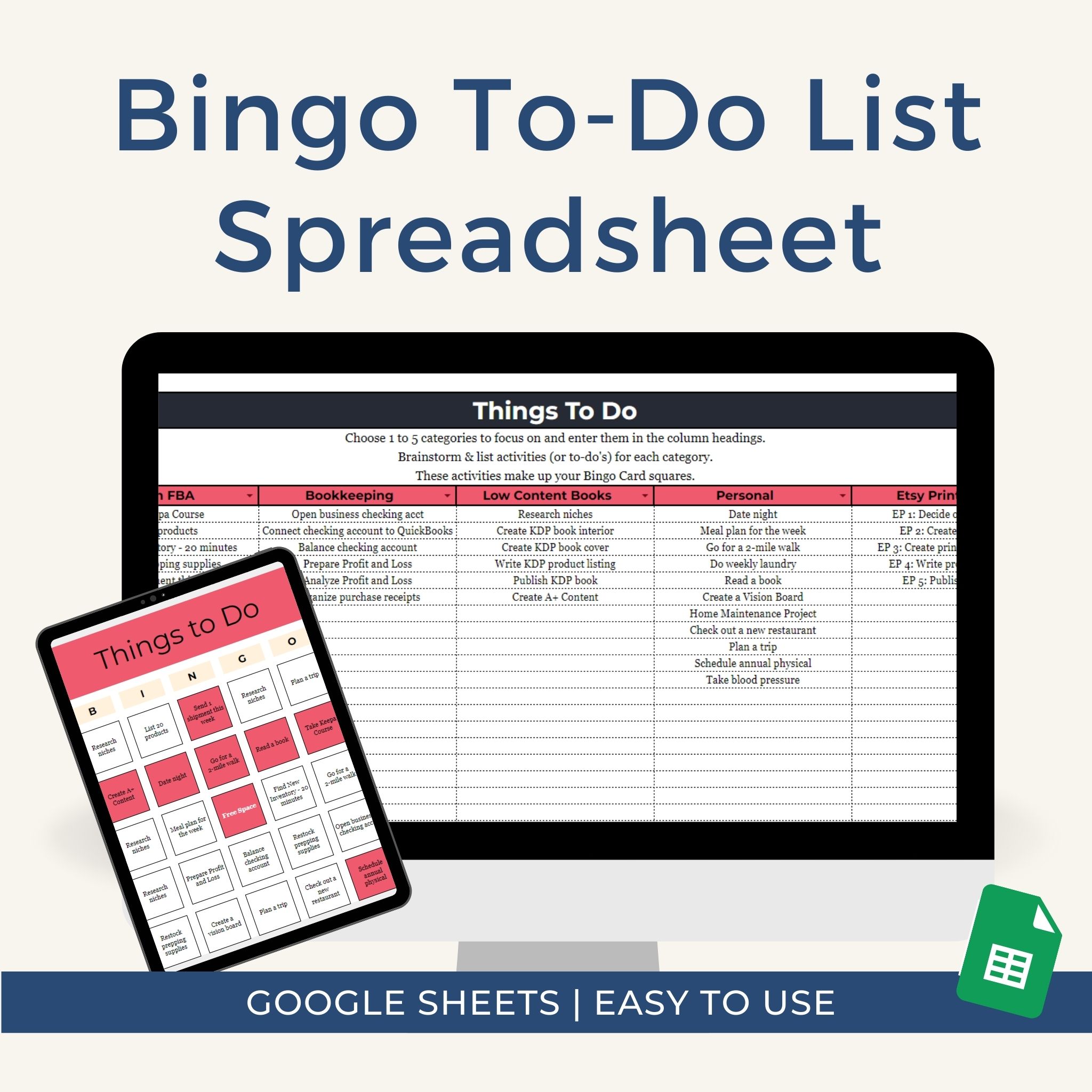 Bingo Card To-Do List Google Sheets Spreadsheet