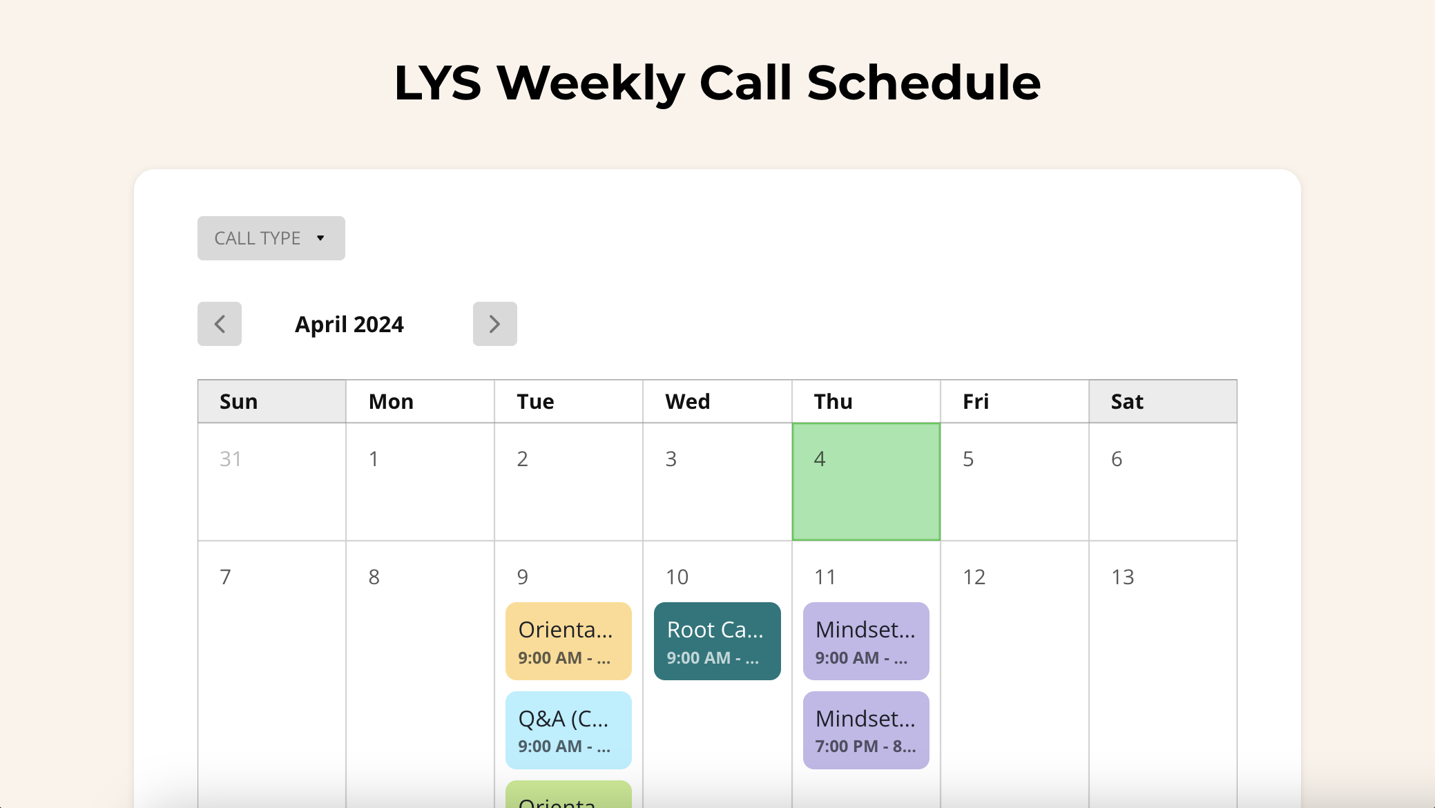LYS Weekly Call Schedule