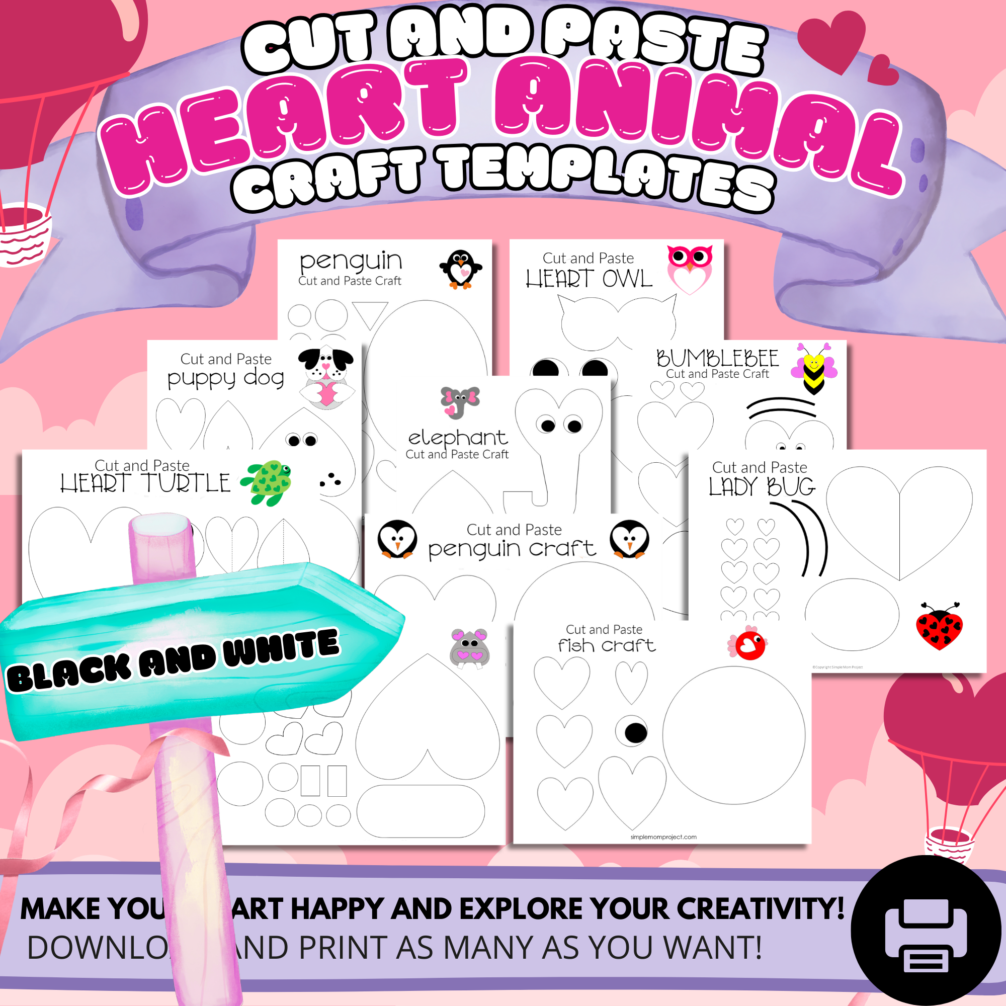 10 Black and White Heart Animal Cut and Paste Crafts Set 1