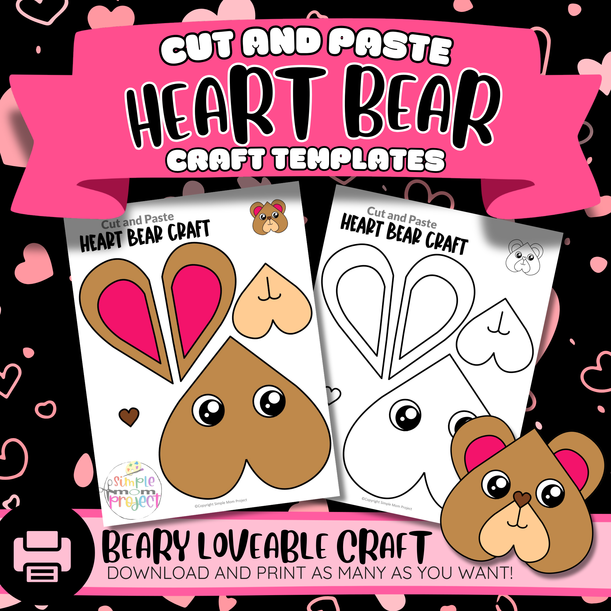 Instant Printable Heart Bear Cut and Paste Craft for Kids