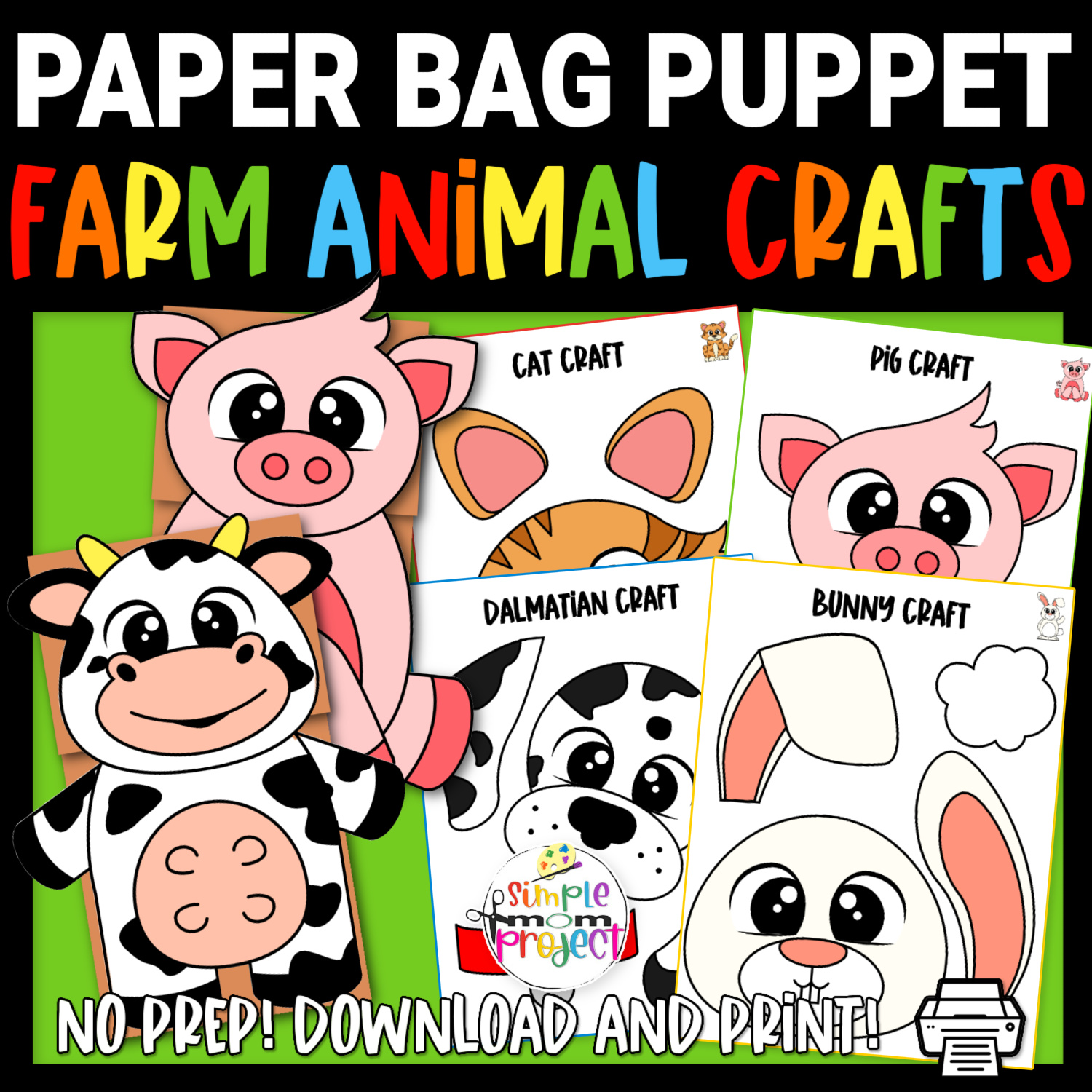 5 NO PREP Farm Animal Paper Bag Puppet Full Colored