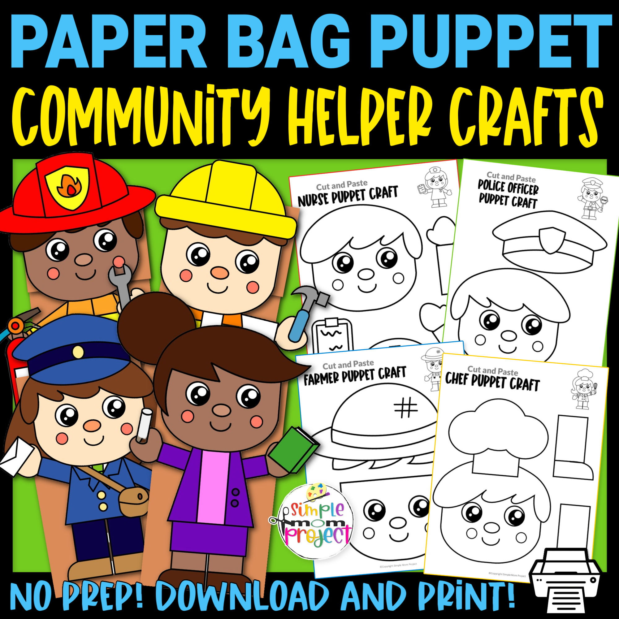 10 Community Helper Paper Bag Puppet Templates – Black & White