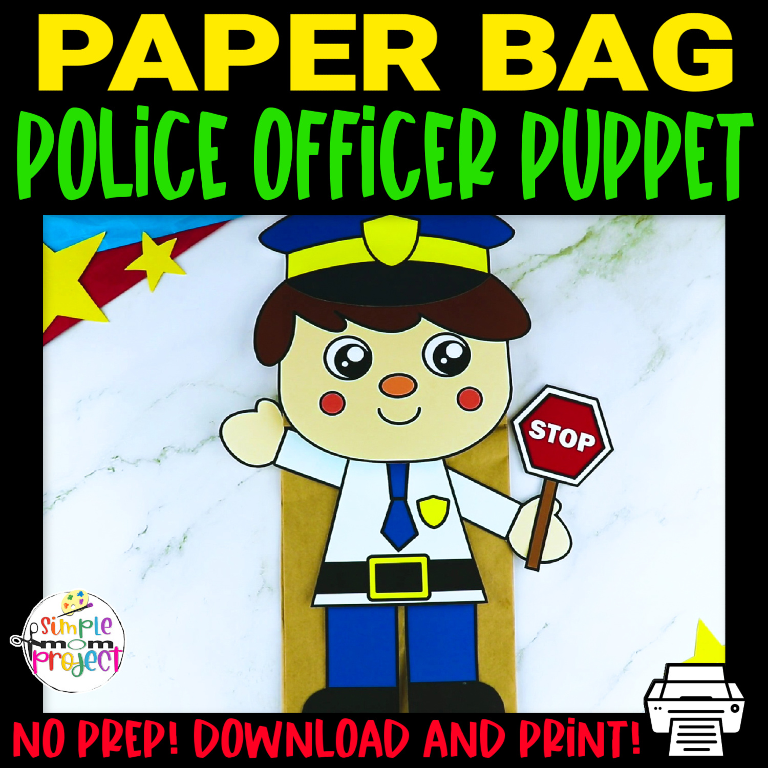 Police Officer Paper Bag Puppet – Printable Community Helper Craft