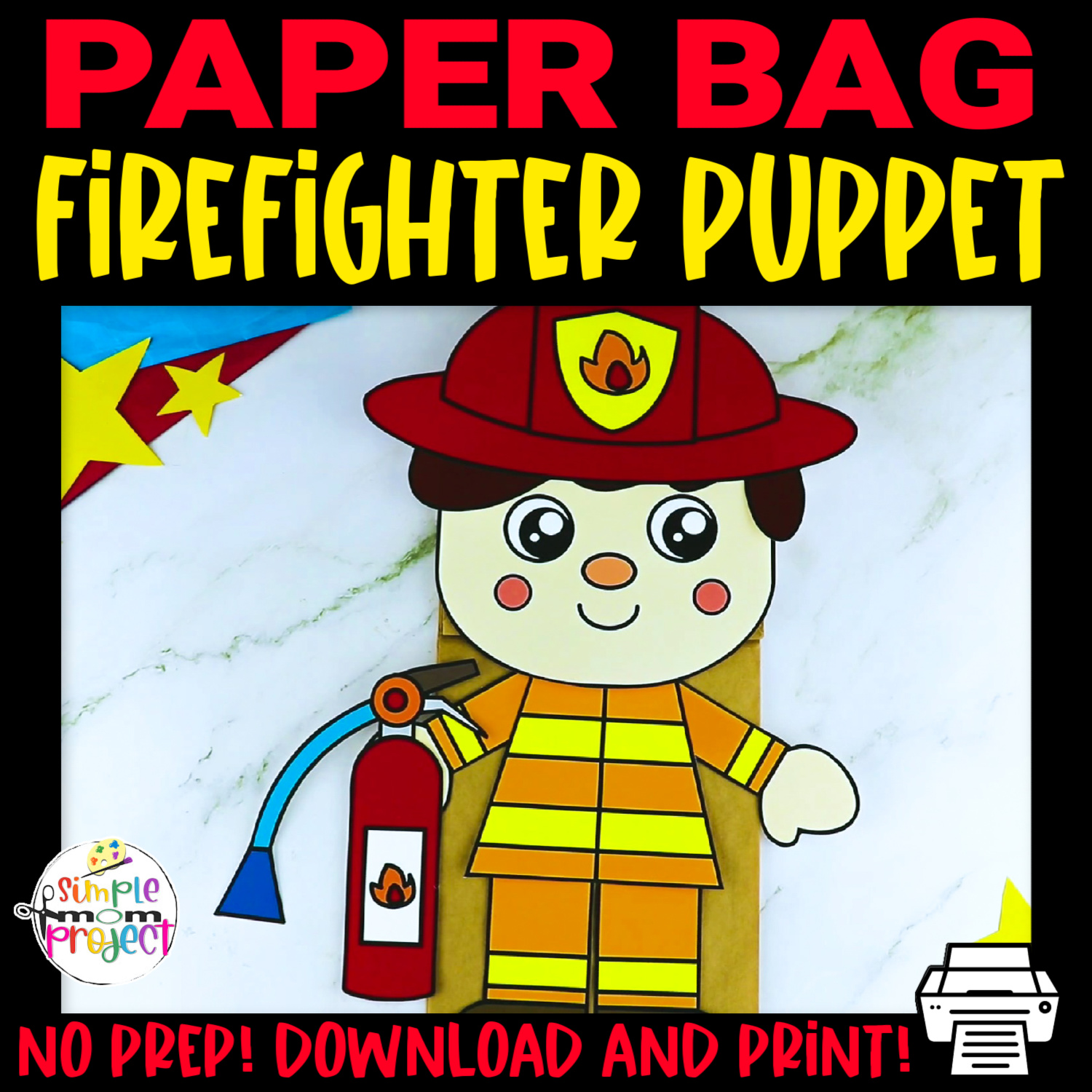 Firefighter Paper Bag Puppet – Printable Community Helper Craft