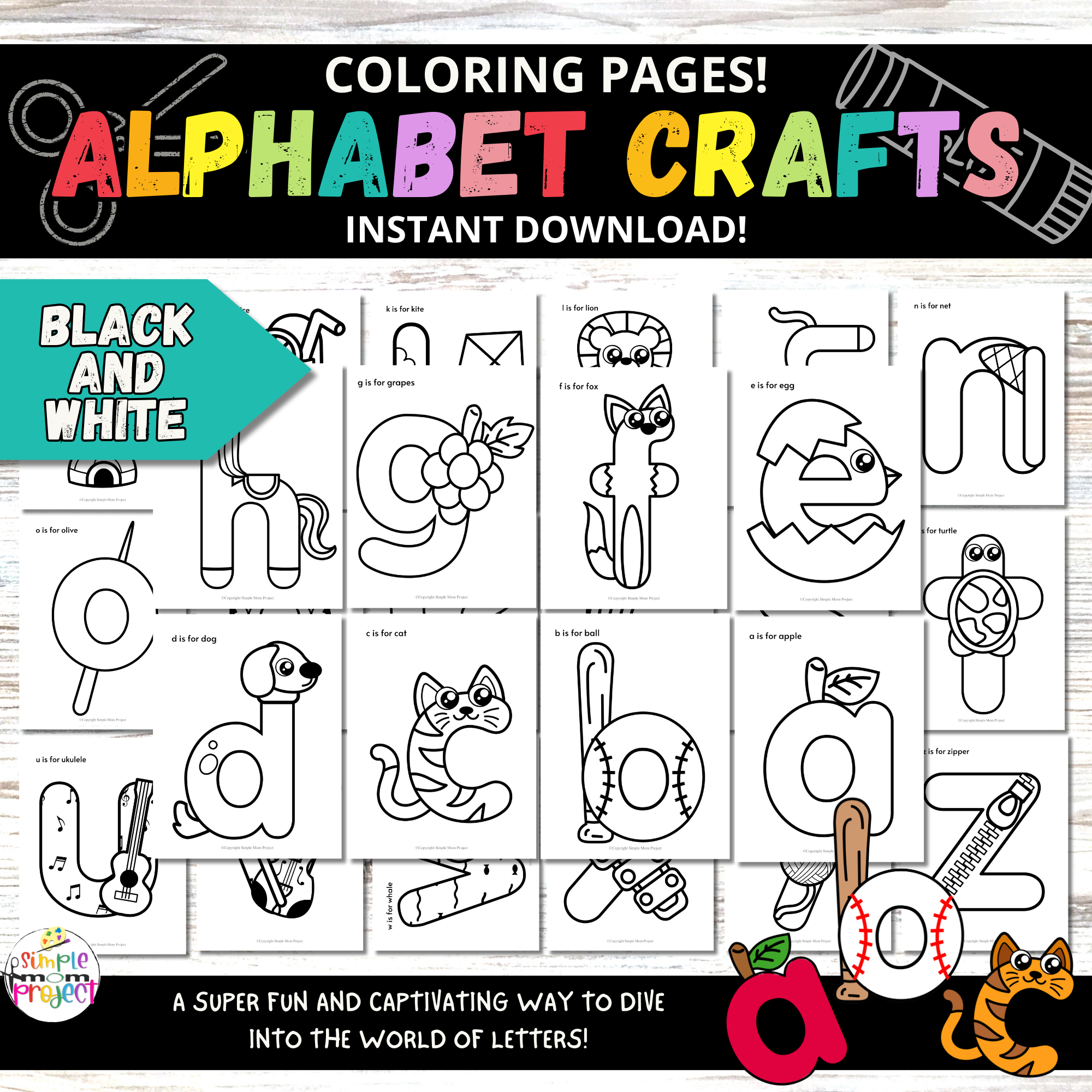 26 Black and White Cut and Paste Lowercase Alphabet Craft