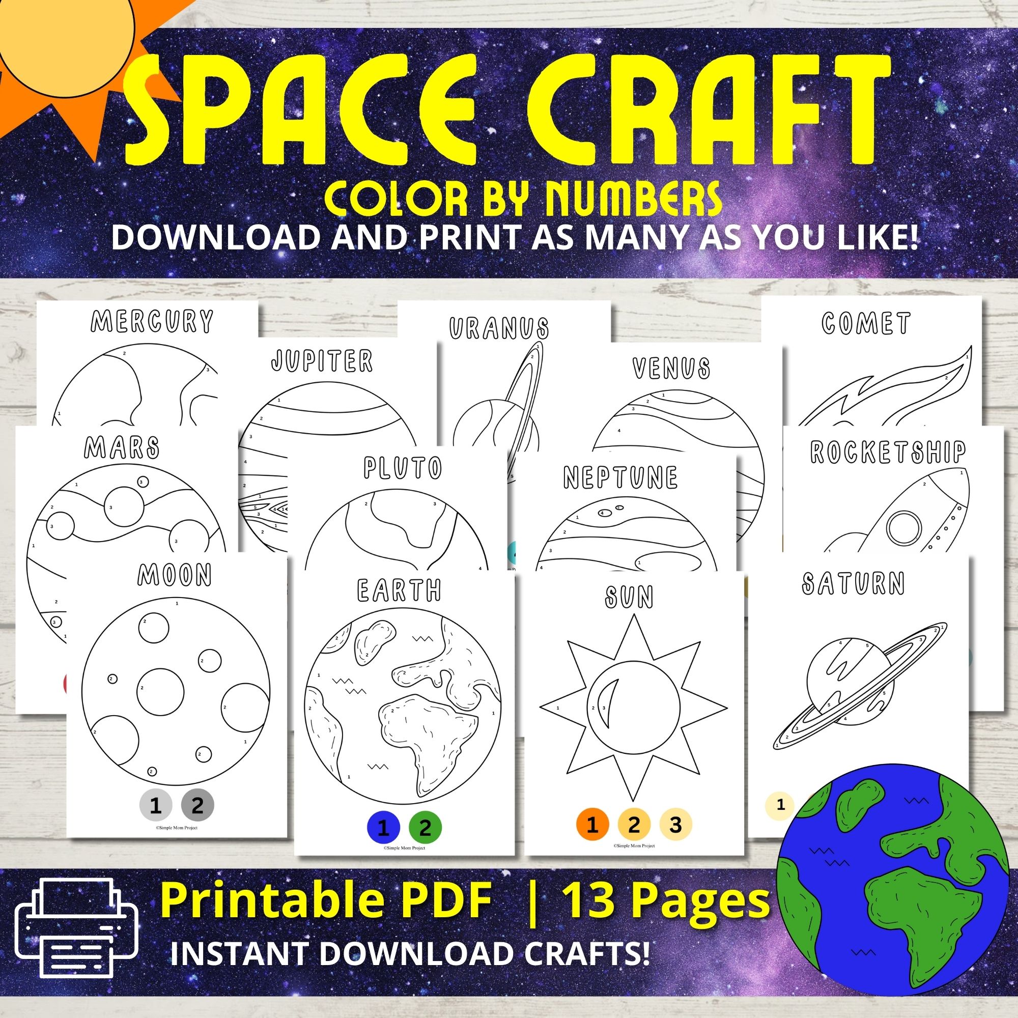 Solar System and Space Color by Number Printable Activity