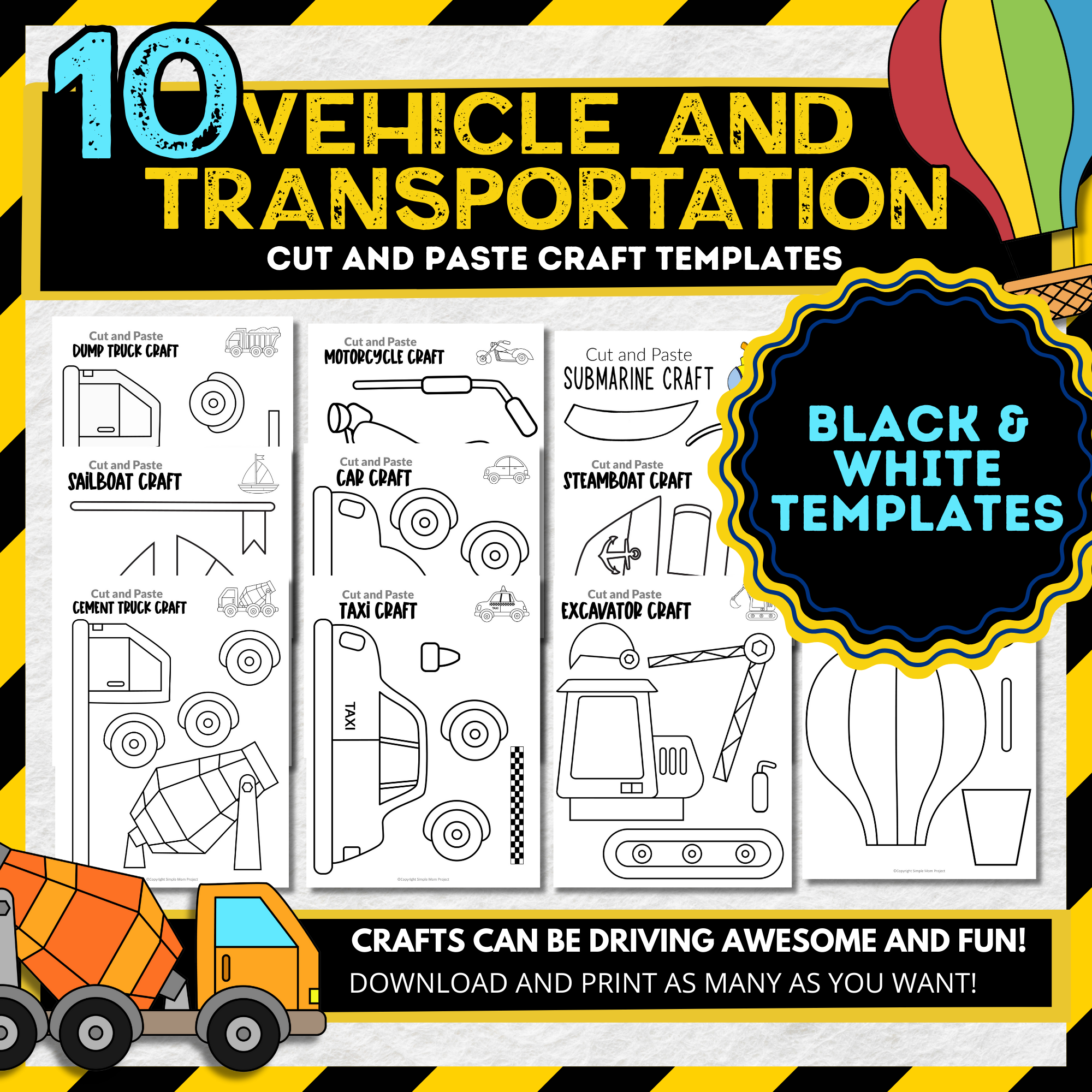10 Black and White Transportation Cut and Paste Craft Templates