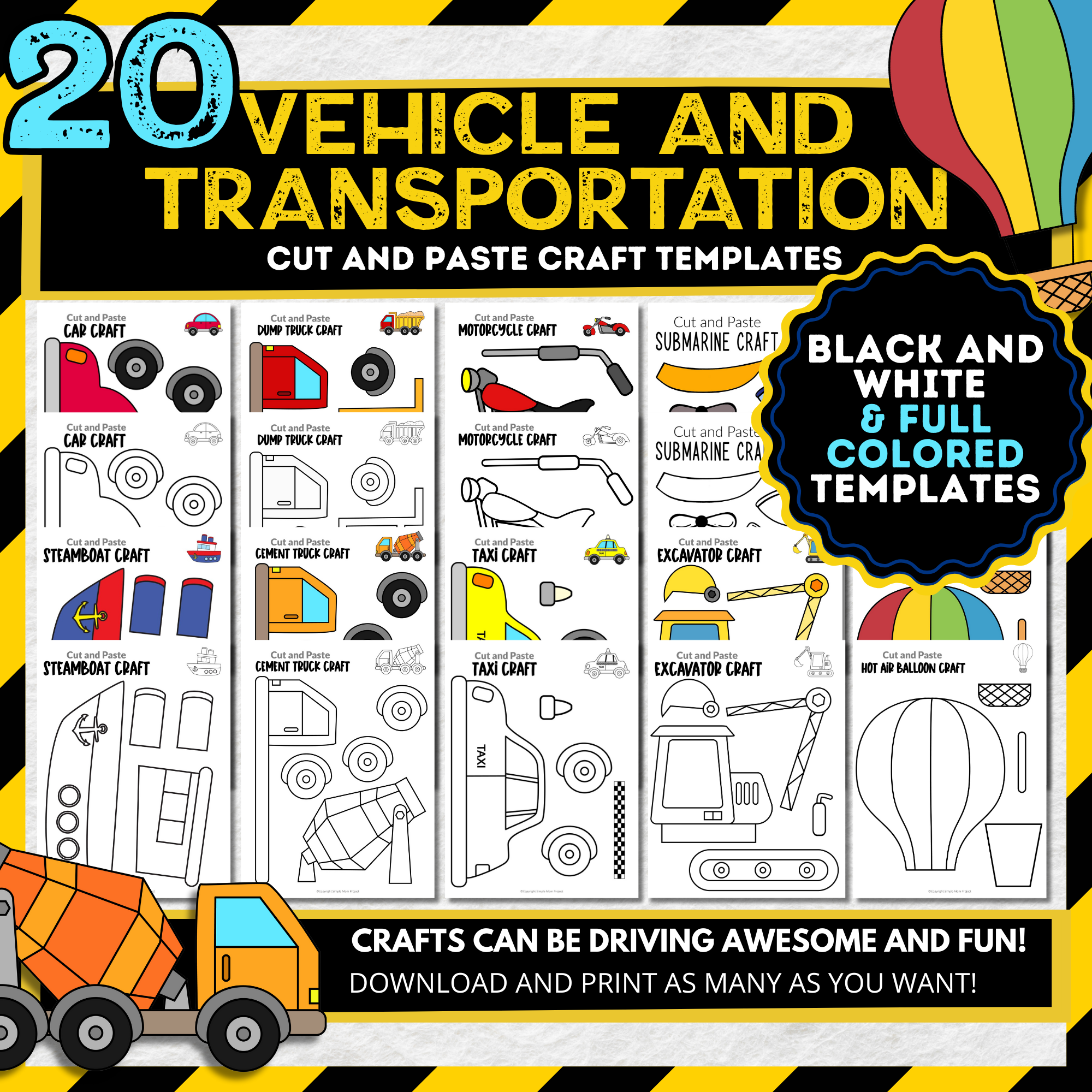 20 Printable Vehicle and Transportation Cut and Paste Craft Templates