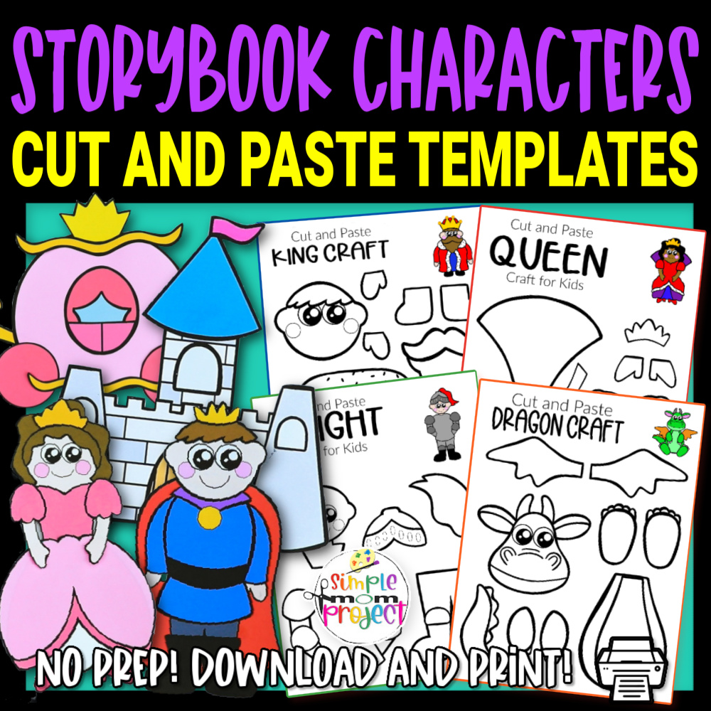 11 Black and White Storybook Character Cut and Paste Craft Templates