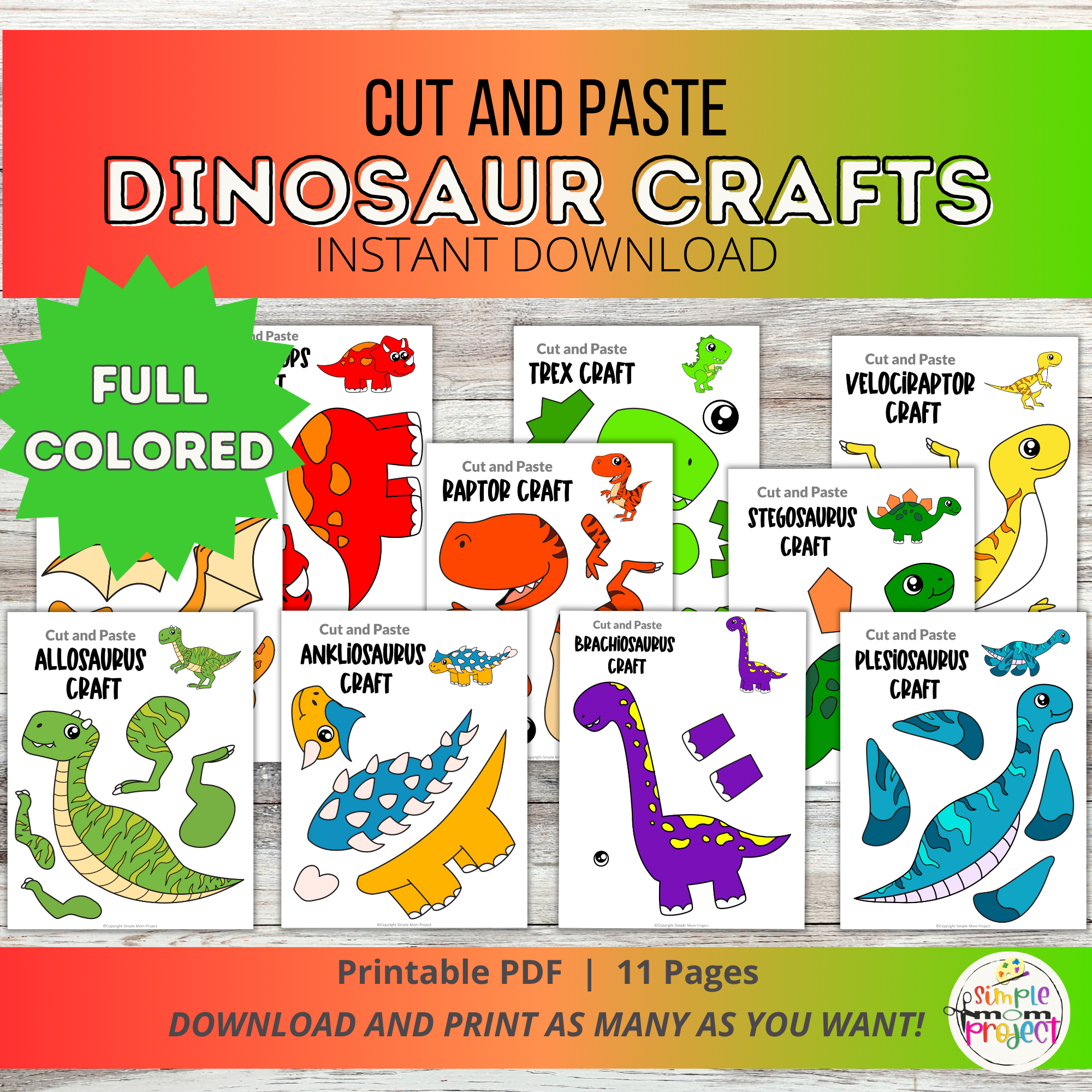 10 Full Colored Dinosaur Cut and Paste Craft Printable Templates