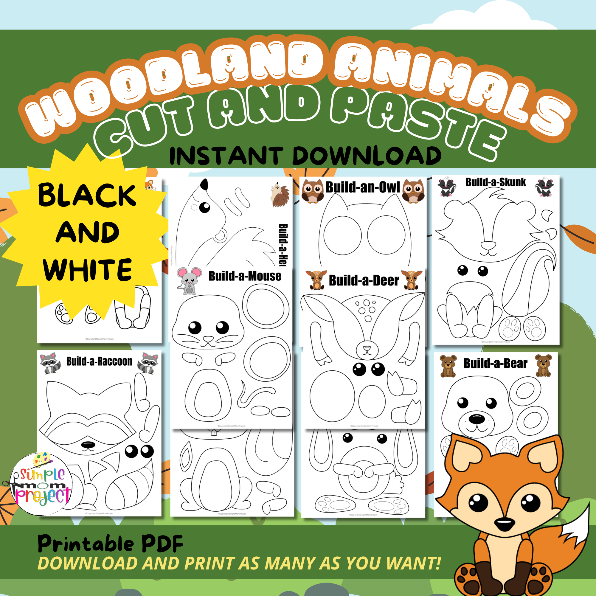 10 Black and White Woodland Animal Cut and Paste Craft Templates