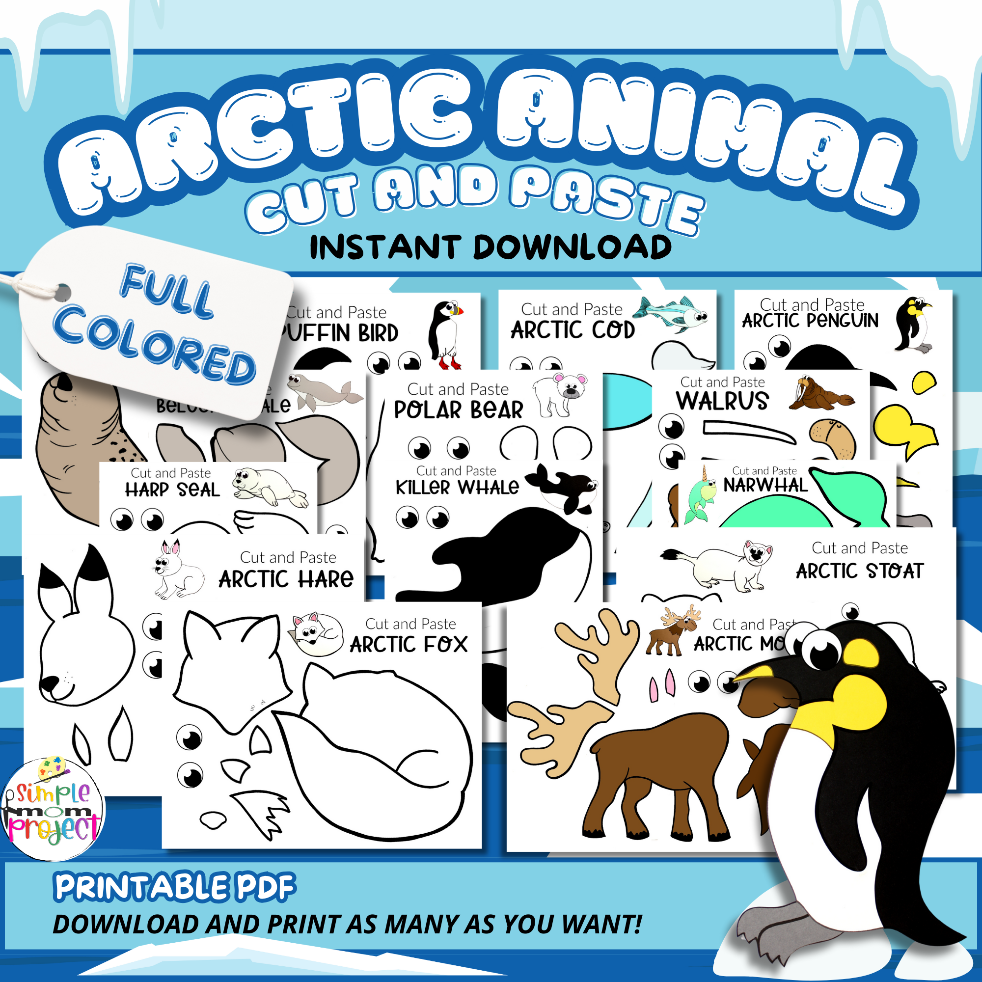 14 Full Colored Arctic Animal Cut and Paste Craft Templates