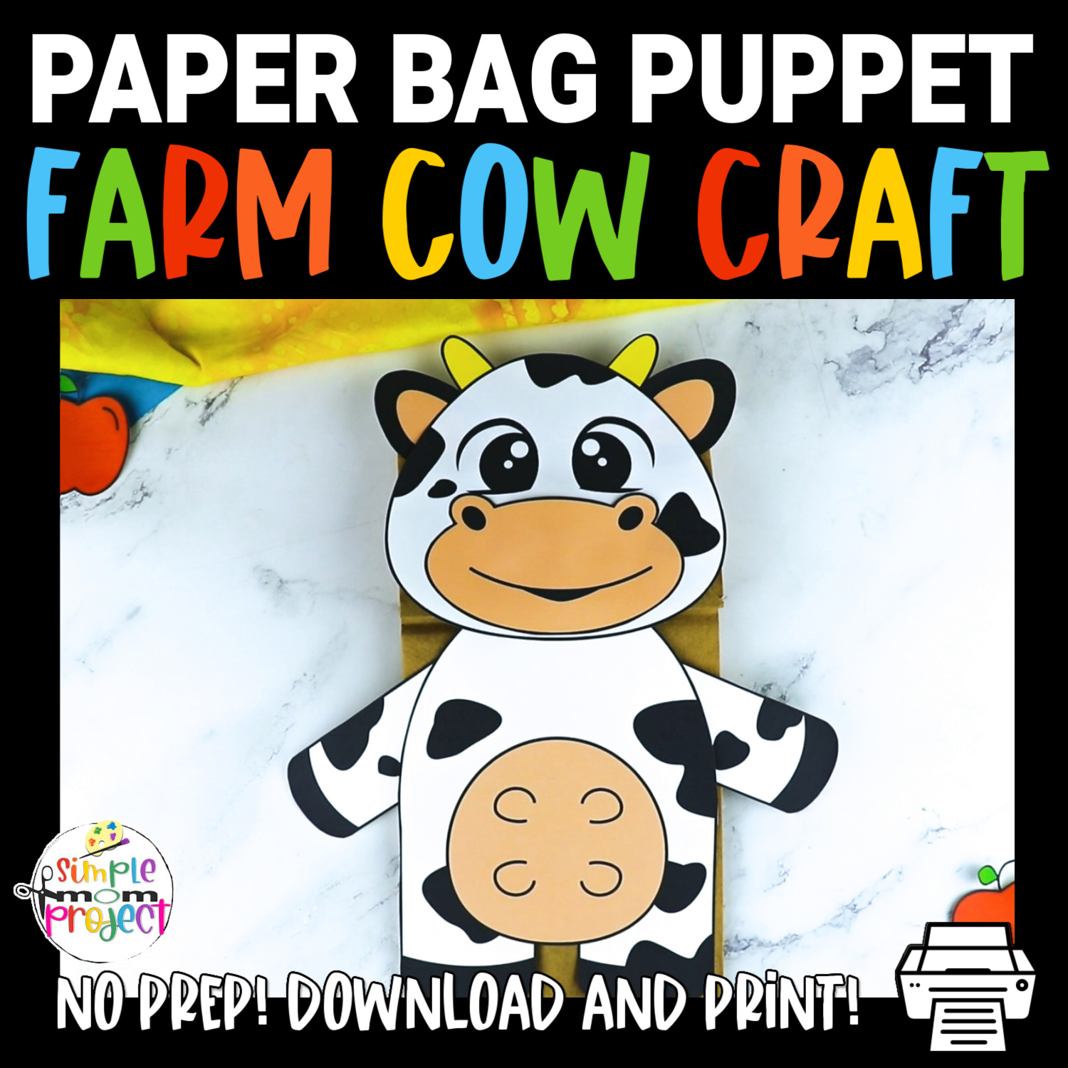 Cow Paper Bag Puppet Craft Instant Printable Template