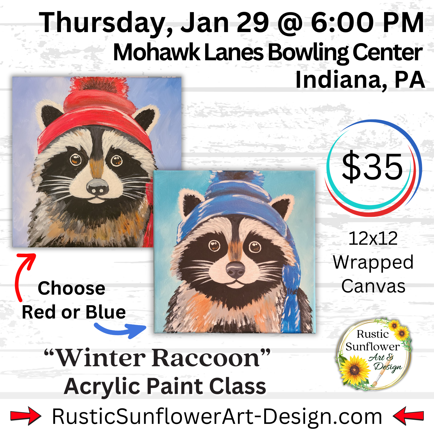 Winter Raccoon Paint Night Jan 29 - Mohawk Lanes, Indiana PA