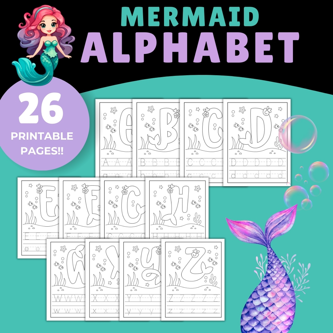 Mermaid Alphabet Trace and Color Activity Worksheets