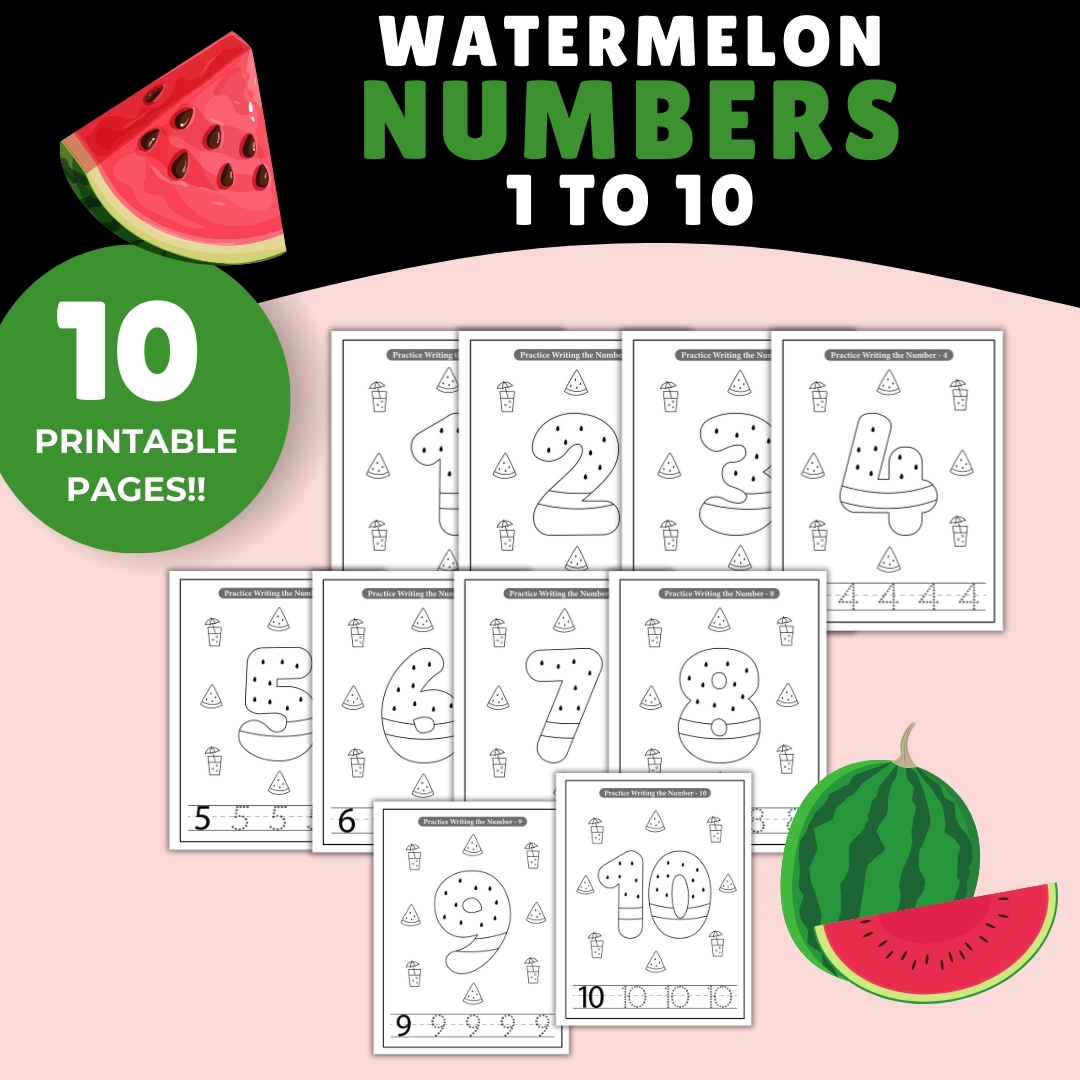 Watermelon Numbers Trace and Color Activity Worksheets