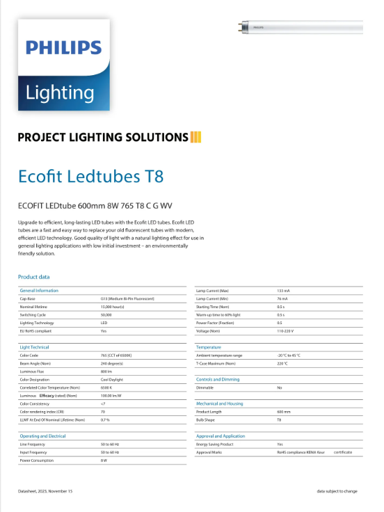 Philps Lighting Specsheet: Ecofit LED Tubes T8