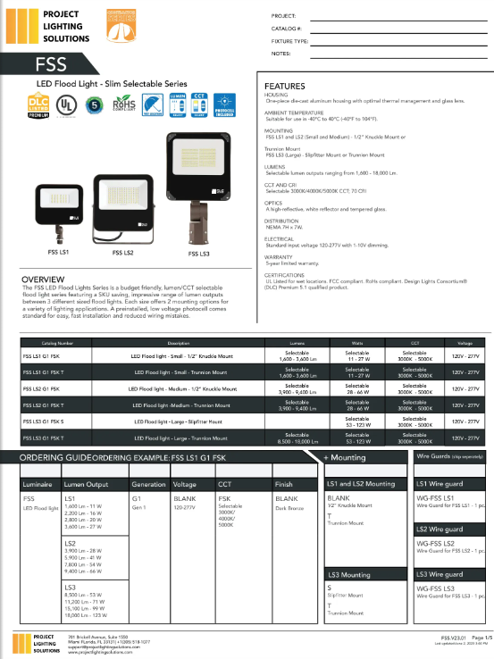 Lighting Specsheet: FSS LED lood Light Slim Selectable Series