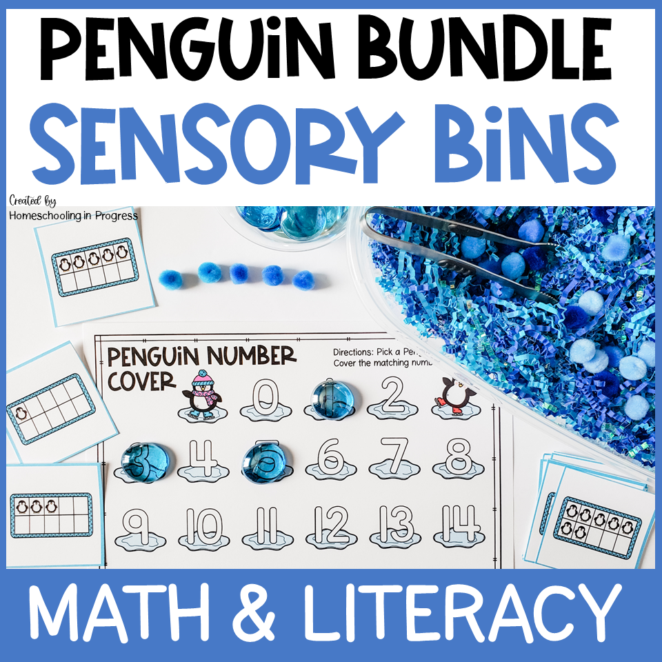 Winter Penguin Sensory Bin Math & Alphabet Letter Activities Bundle
