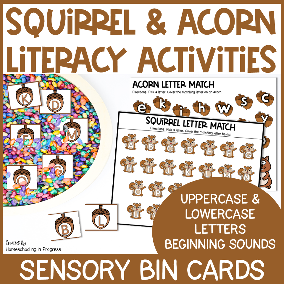 Fall Squirrel Acorn Sensory Bin Alphabet Activities for Preschool
