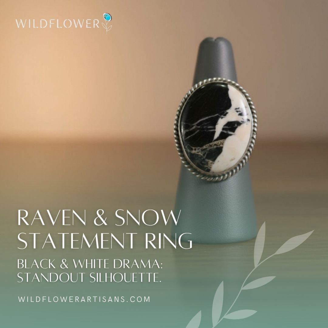 Raven & Snow White Buffalo Ring • Navajo Sterling Silver