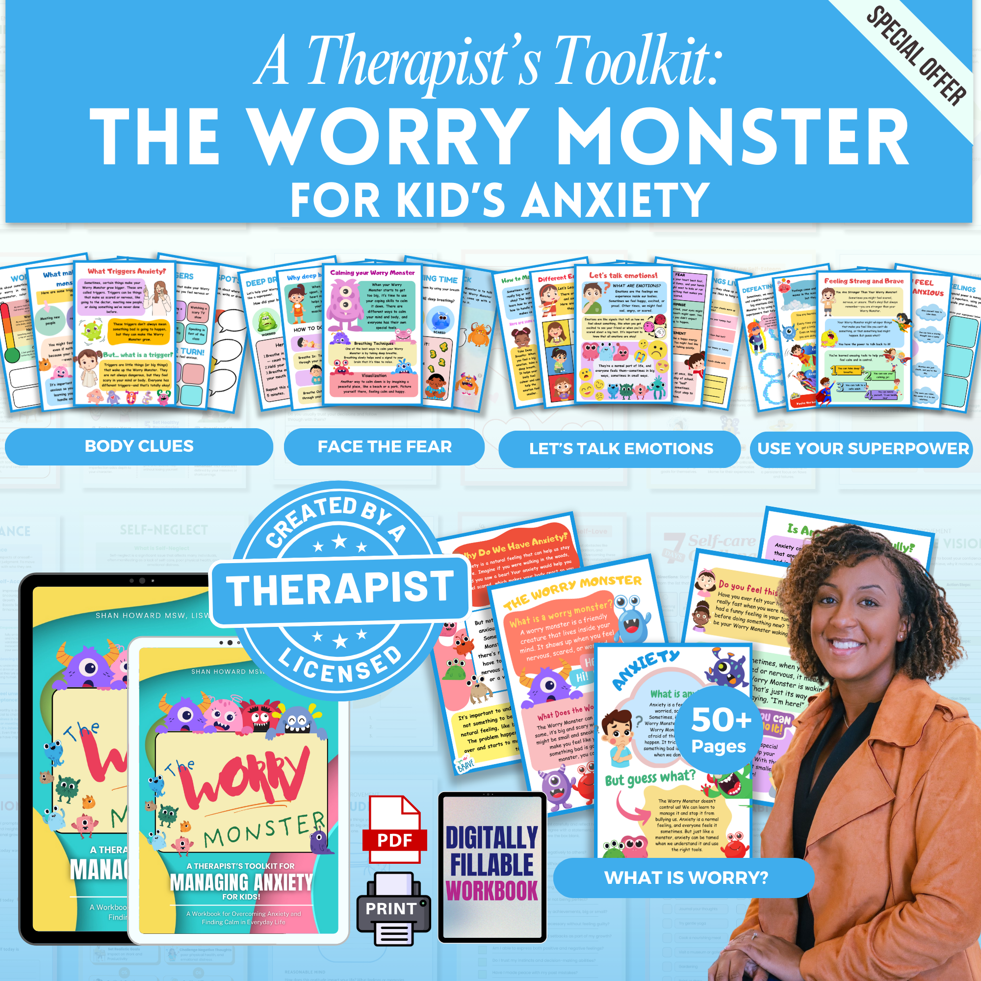 Managing Kid's Anxiety Toolkit, therapy worksheet, coping skills